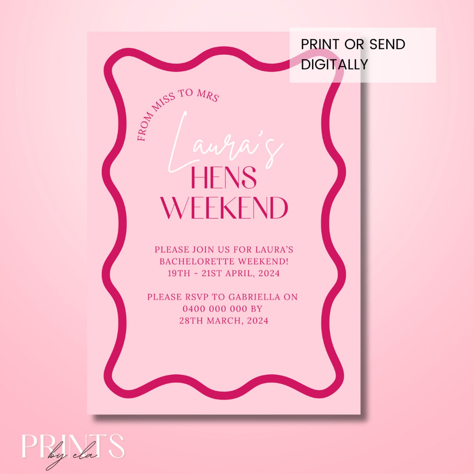 Pink Wavy Bachelorette Invitation and Itinerary Canva Template, Pink ...