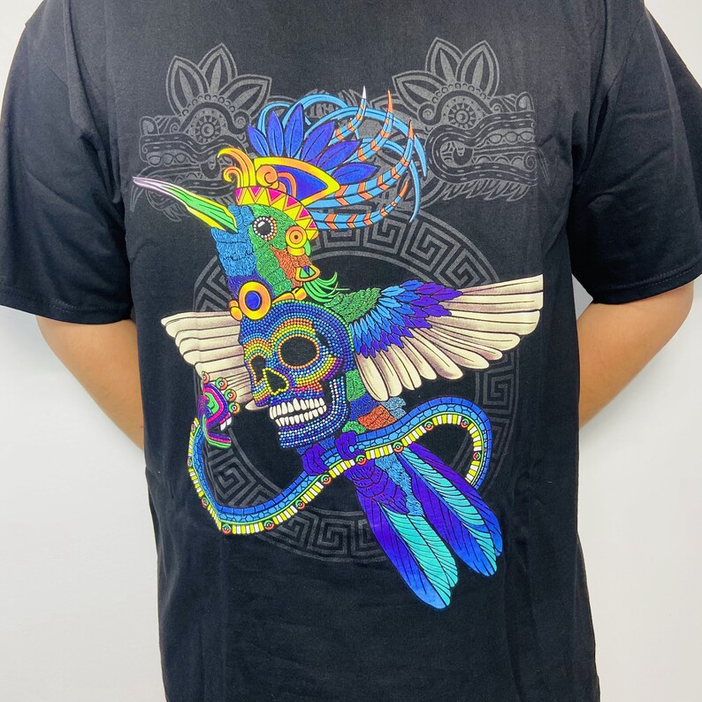 Black T-shirt Neon Hummingbird Aztec With Skull Playera Negra De ...