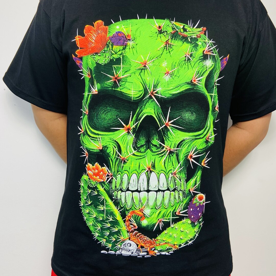Black T-shirt Green Neon Skull Cactus Dragon's Fire Brand Playera Negra De Mexico Calavera Nopal ...