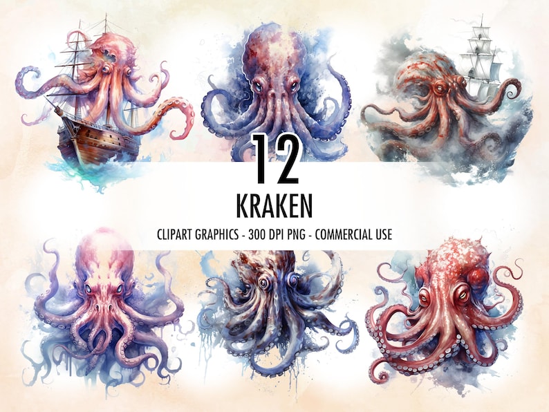 12 Kraken PNG Clipart Bundle Watercolor Kraken Tentacle - Etsy