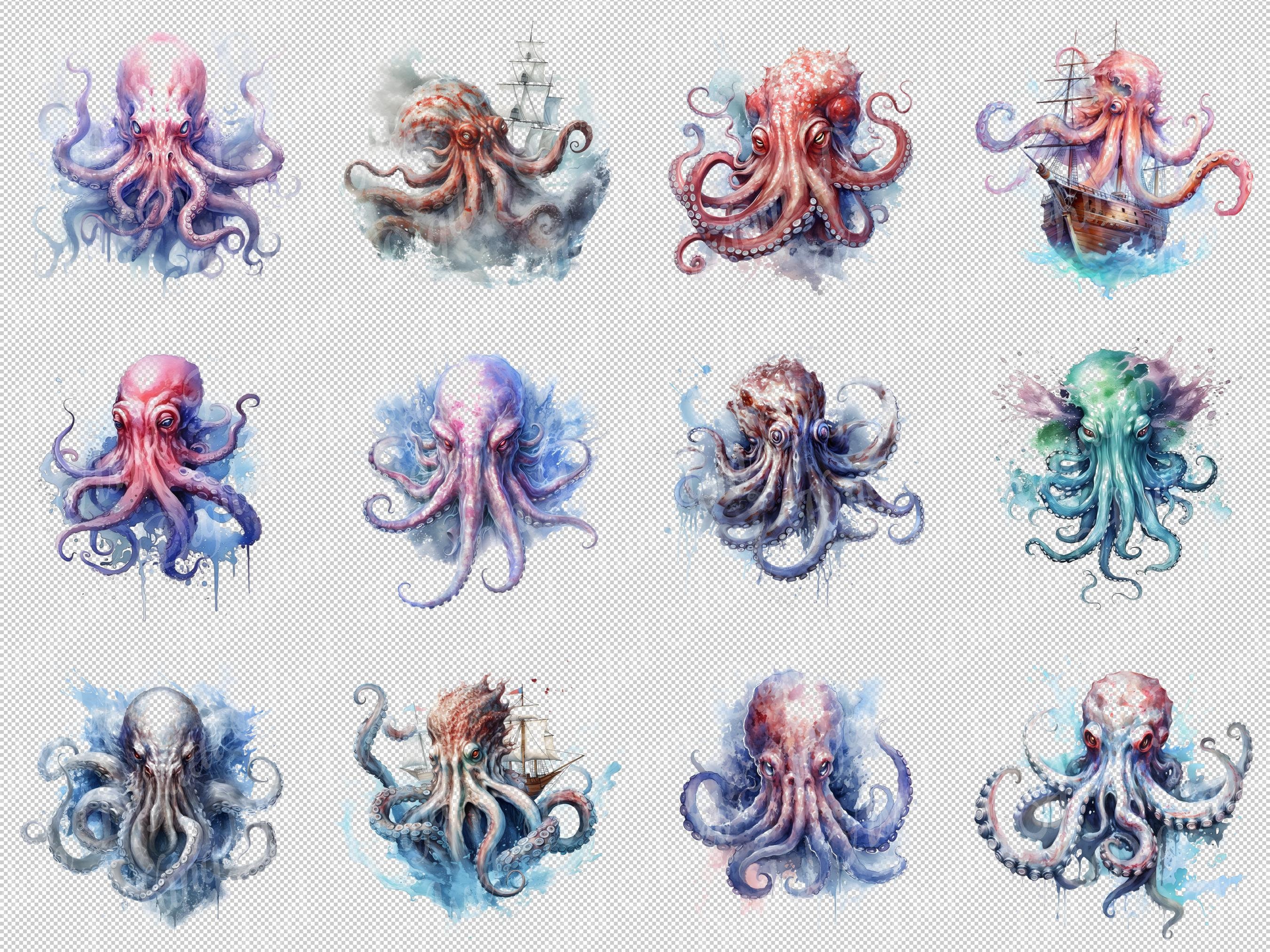 12 Kraken PNG Clipart Bundle Watercolor Kraken Tentacle - Etsy