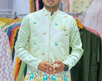 Men Light Yellow Color Party Wear Printed and Embroidered Work Cotton ...