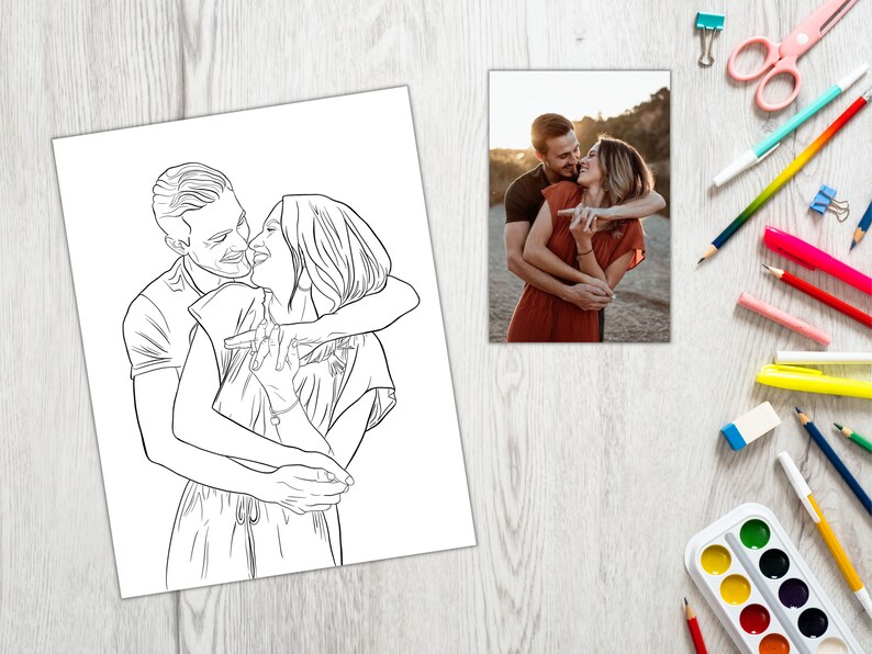 2 Custom Coloring Pages, Portrait Illustration, Adult Coloring Book, Personalized Valentines ...