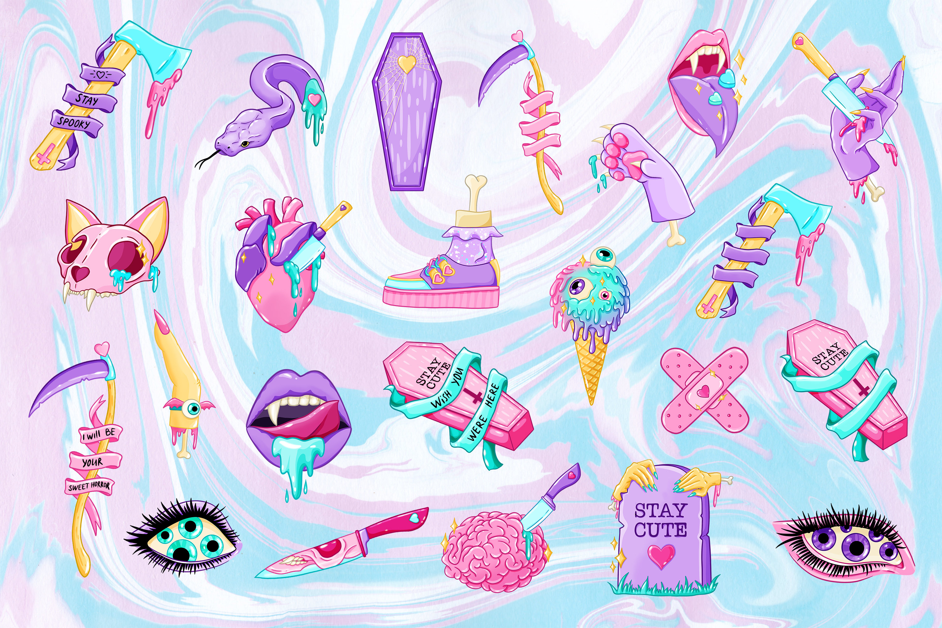 Stay Cute Pastel Goth Clipart, Creepy and Cute Digital Stickers, Spooky ...