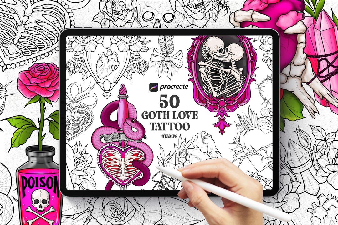 50 Gothic Love Tattoo Designs Procreate Stamp Brushes, Goth Procreate ...