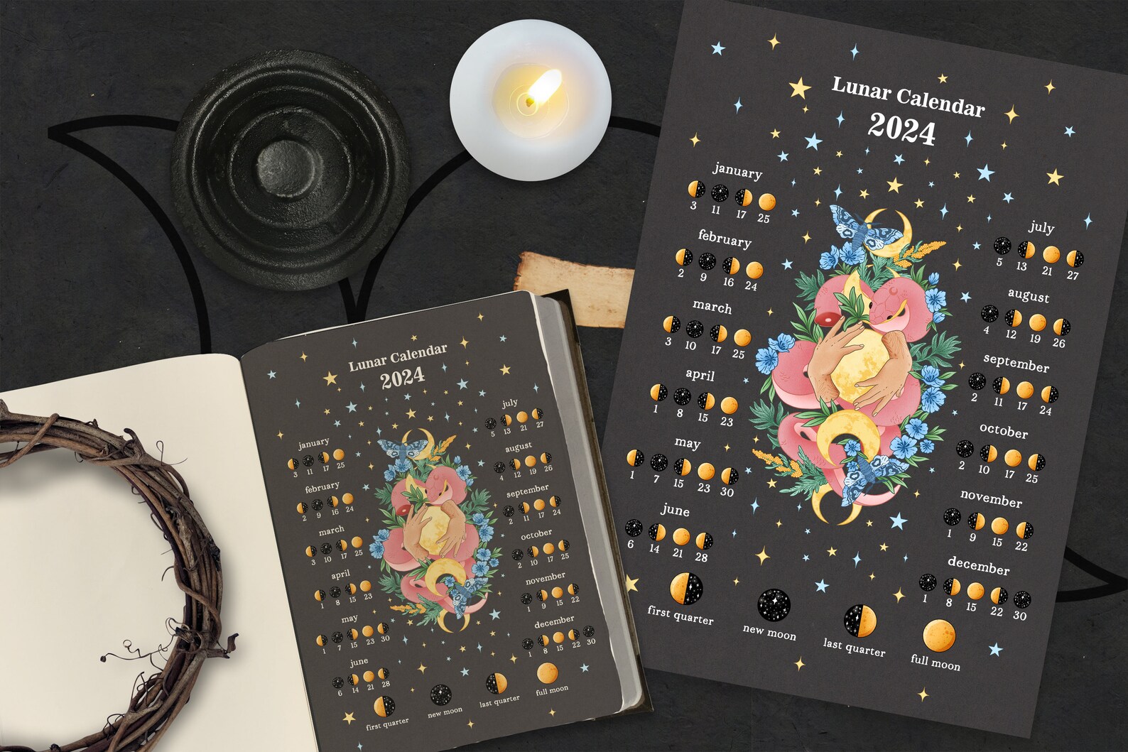 Printable Moon Calendar 2024, Printable Lunar Calendar 2024, Moon ...