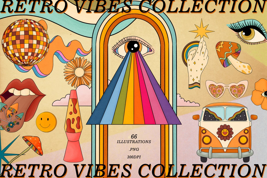 Retro Vibes Clipart, 70's Clipart, Groovy Digital Sticker, Psychedelic ...