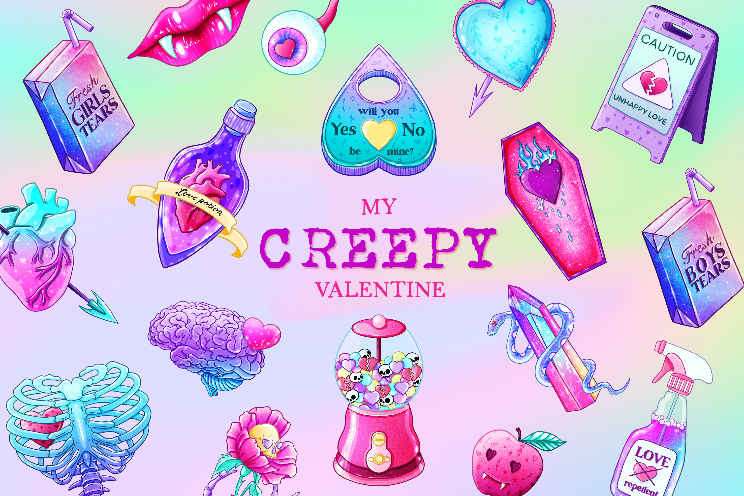 My Creepy Valentine Clipart, Spooky Valentine Clipart, Pastel Goth V ...