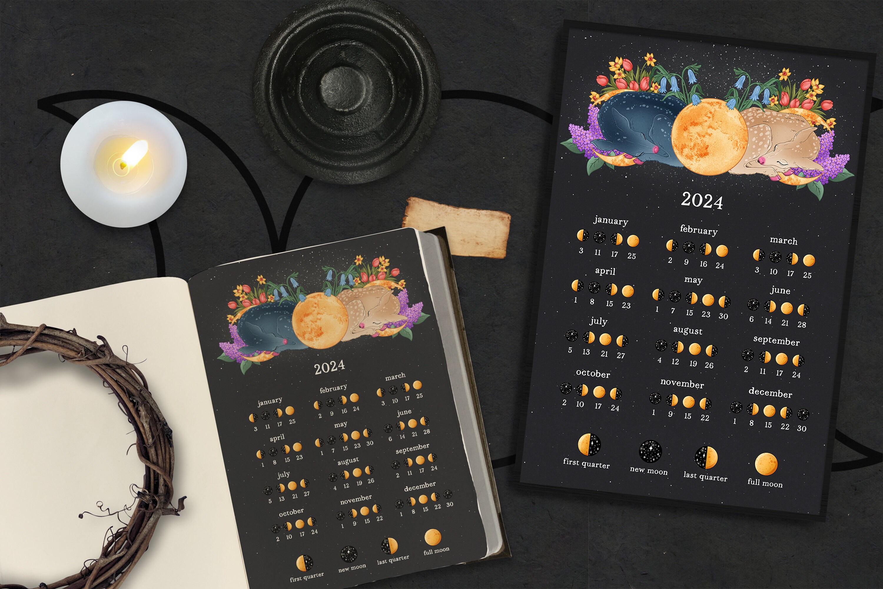Printable Lunar Calendar 2024, Printable Moon Calendar 2024, Moon ...