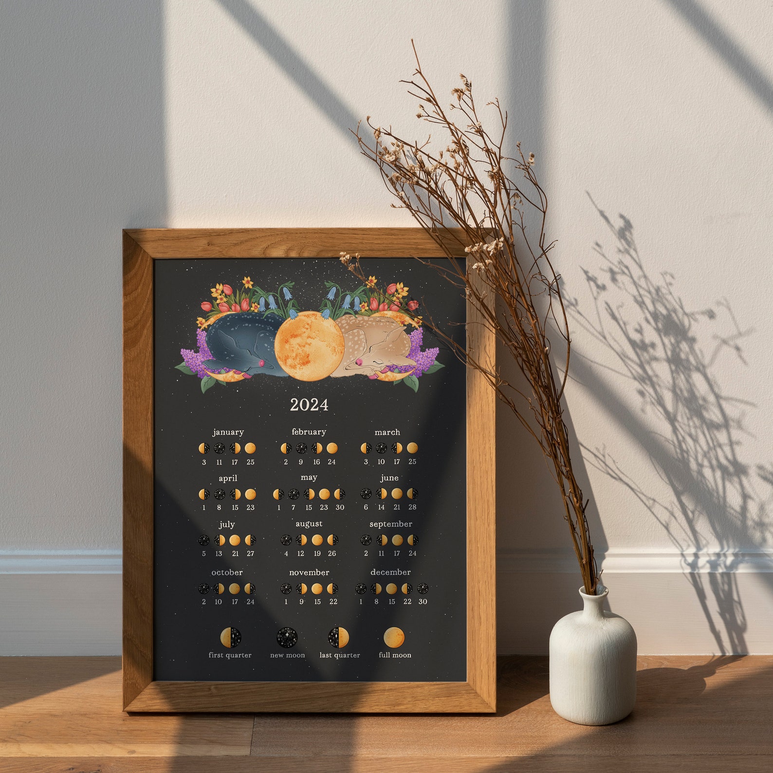 Printable Lunar Calendar 2024, Printable Moon Calendar 2024, Moon ...