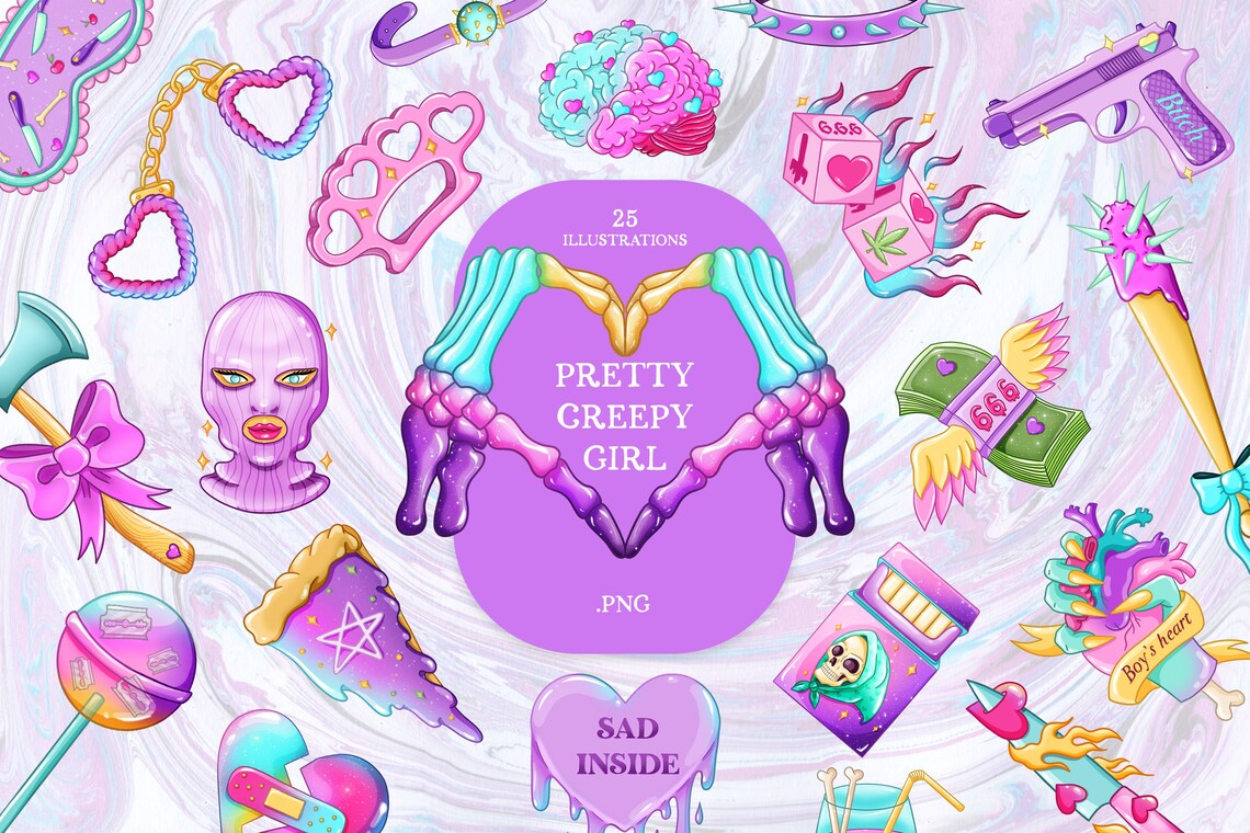 Pretty Creepy Girl Pastel Goth Clipart, Creepy and Cute Png, Printable ...