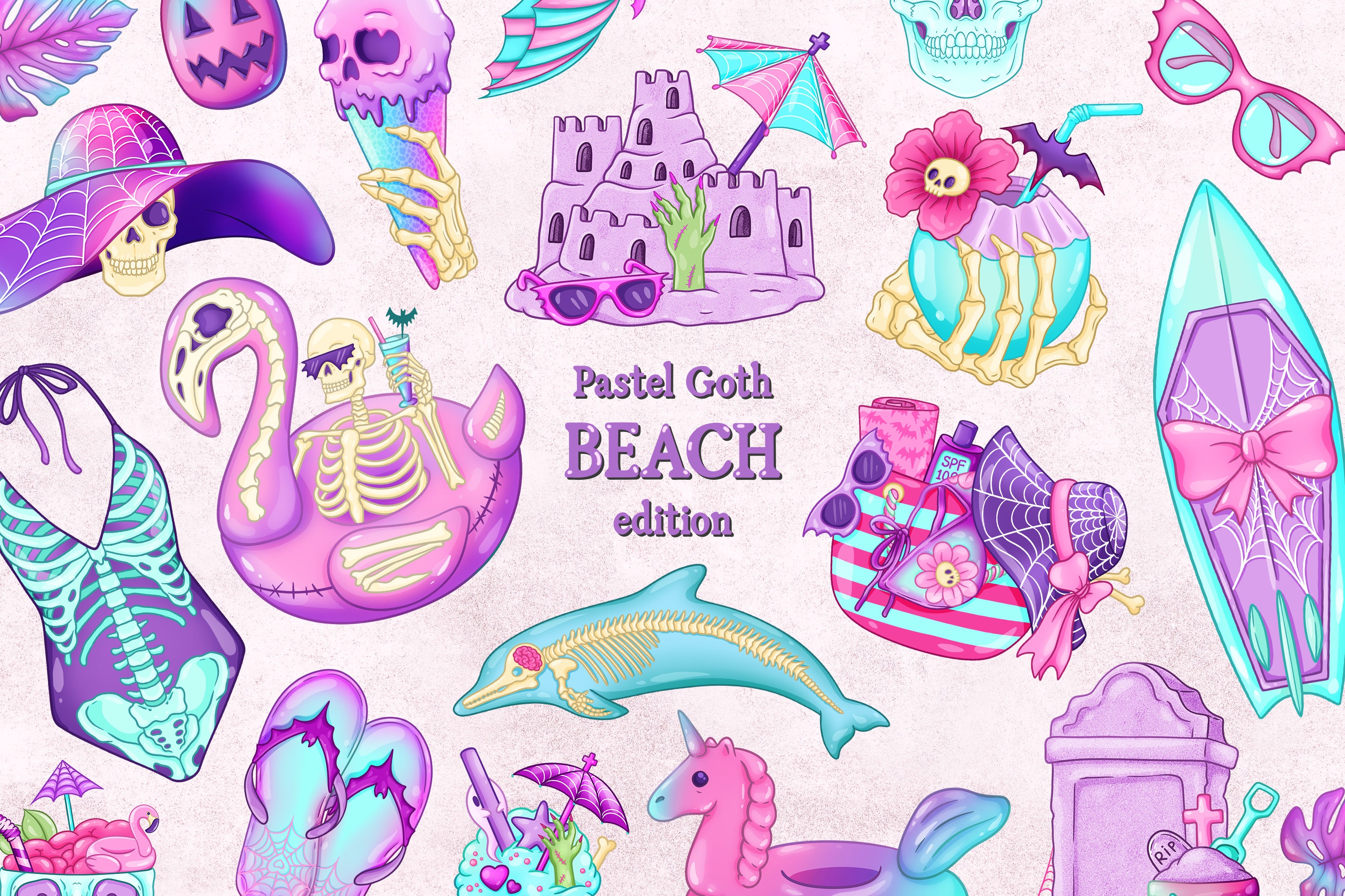 Pastel Goth Beach Clipart, Pastel Goth Summer Clipart, Spooky Kawaii ...