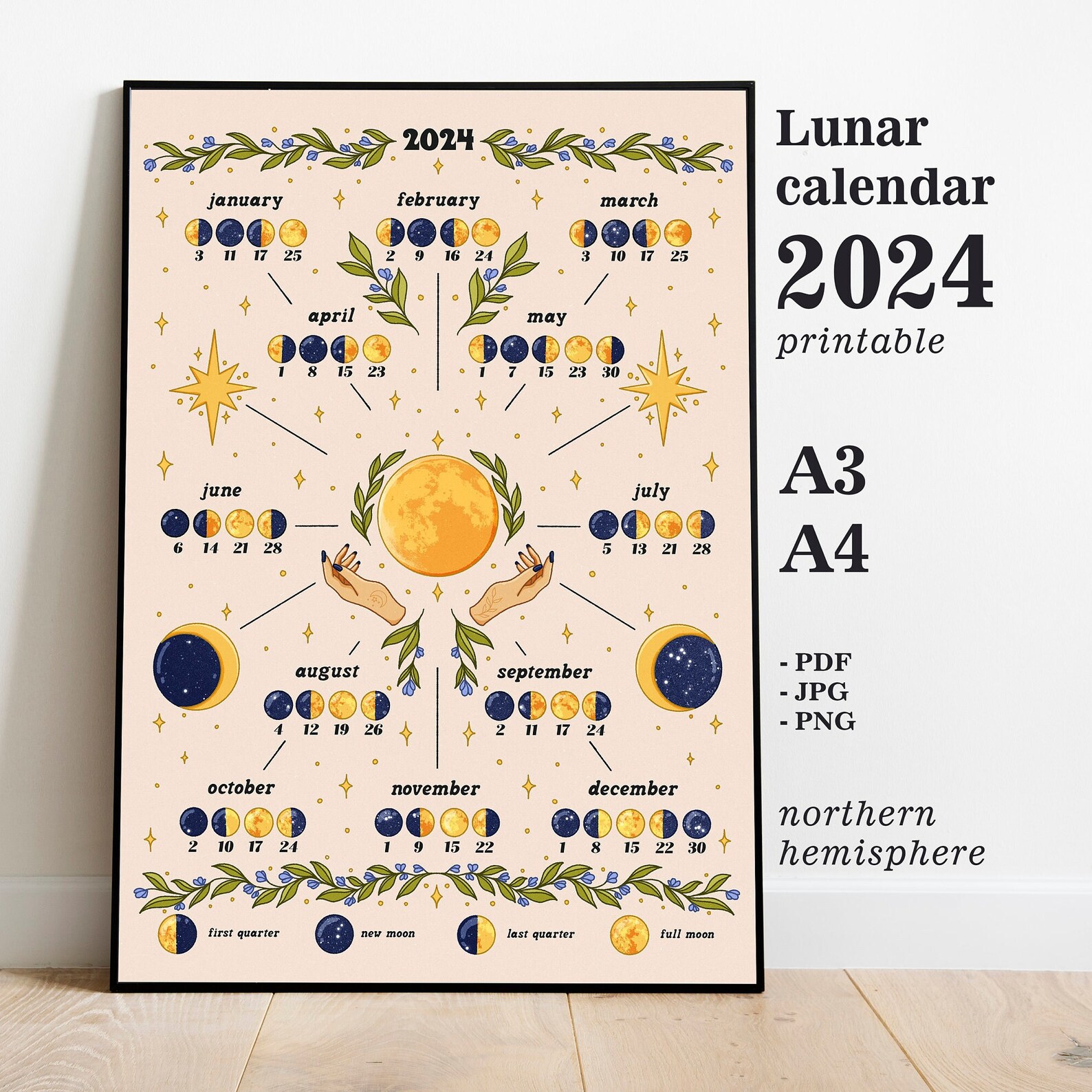 Printable Moon Calendar 2024, Printable Lunar Calendar 2024, Moon ...