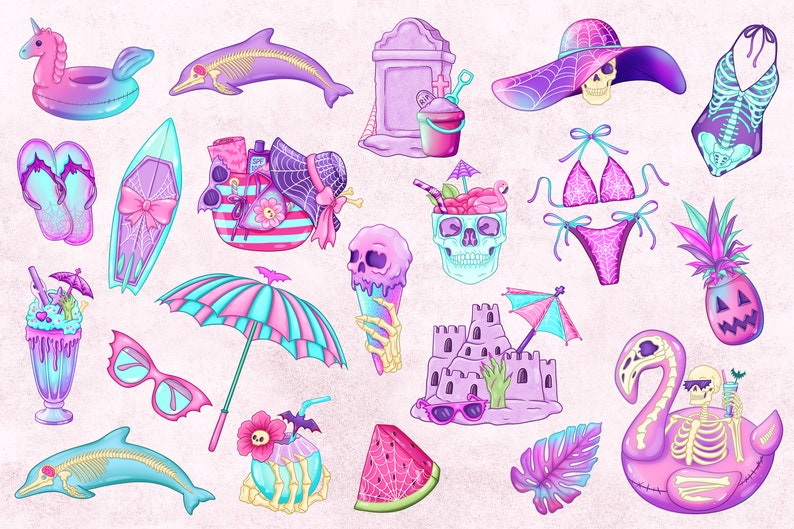 Pastel Goth Beach Clipart, Pastel Goth Summer Clipart, Spooky Kawaii ...