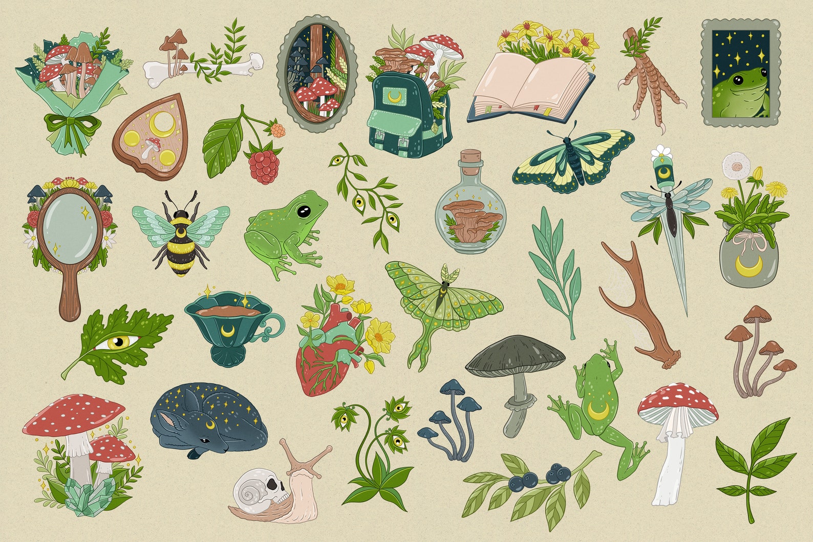 Goblincore Clipart, Cottagecore Green Witch Clipart, Frog and Toad ...