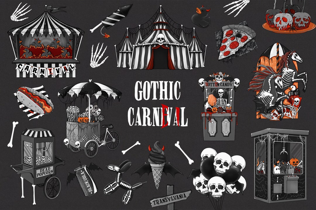 Gothic Carnival Clipart, Halloween Fair, Halloween Circus, Carousel Horse Skeleton Sublimation ...