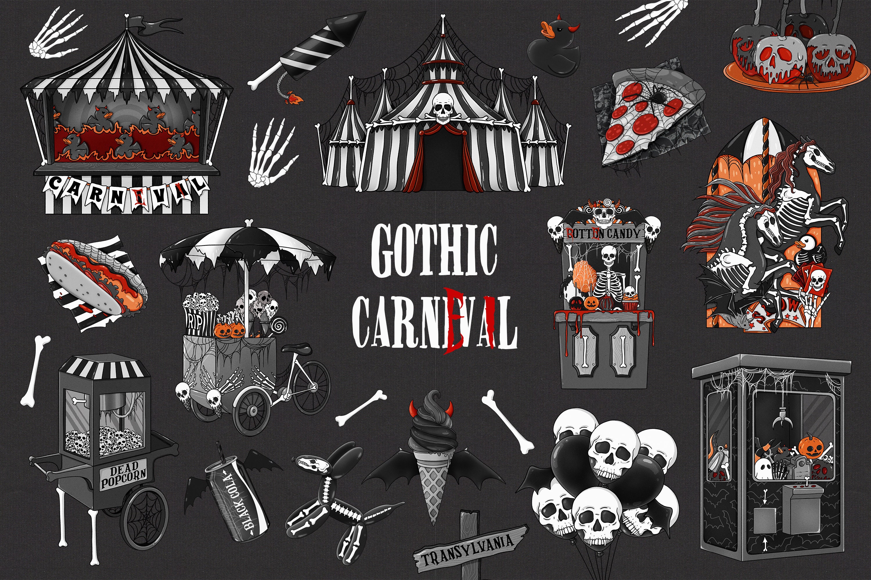 Gothic Carnival Clipart, Halloween Fair, Halloween Circus, Carousel ...