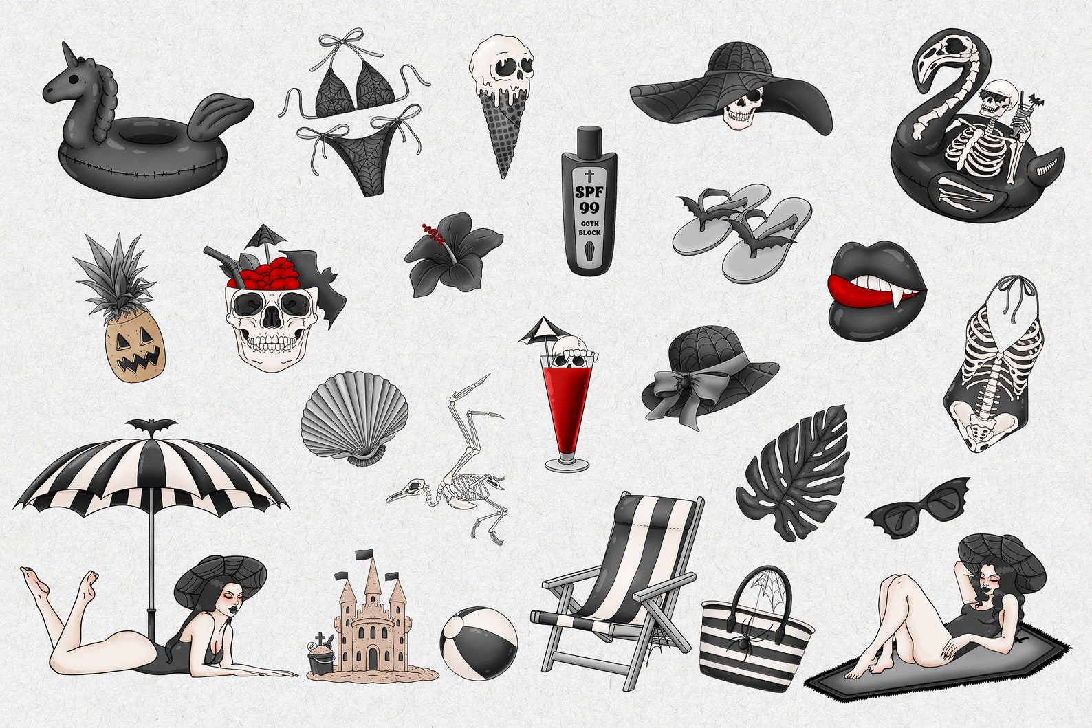 Vampire on the Beach Pastel Goth Clipart, Goth Summer Clipart, Summer ...