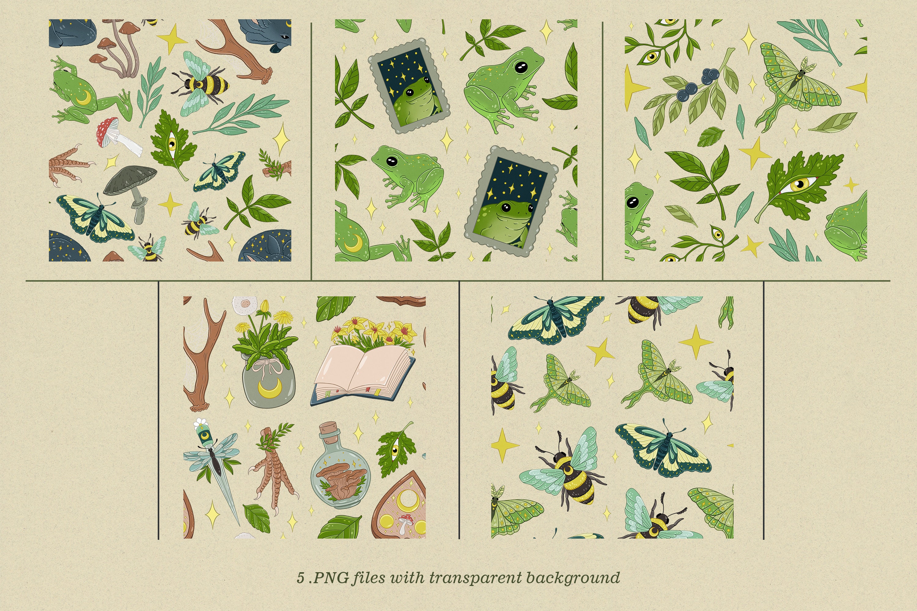 Goblincore Digital Paper, Cottagecore Seamless Pattern, Seamless Green ...