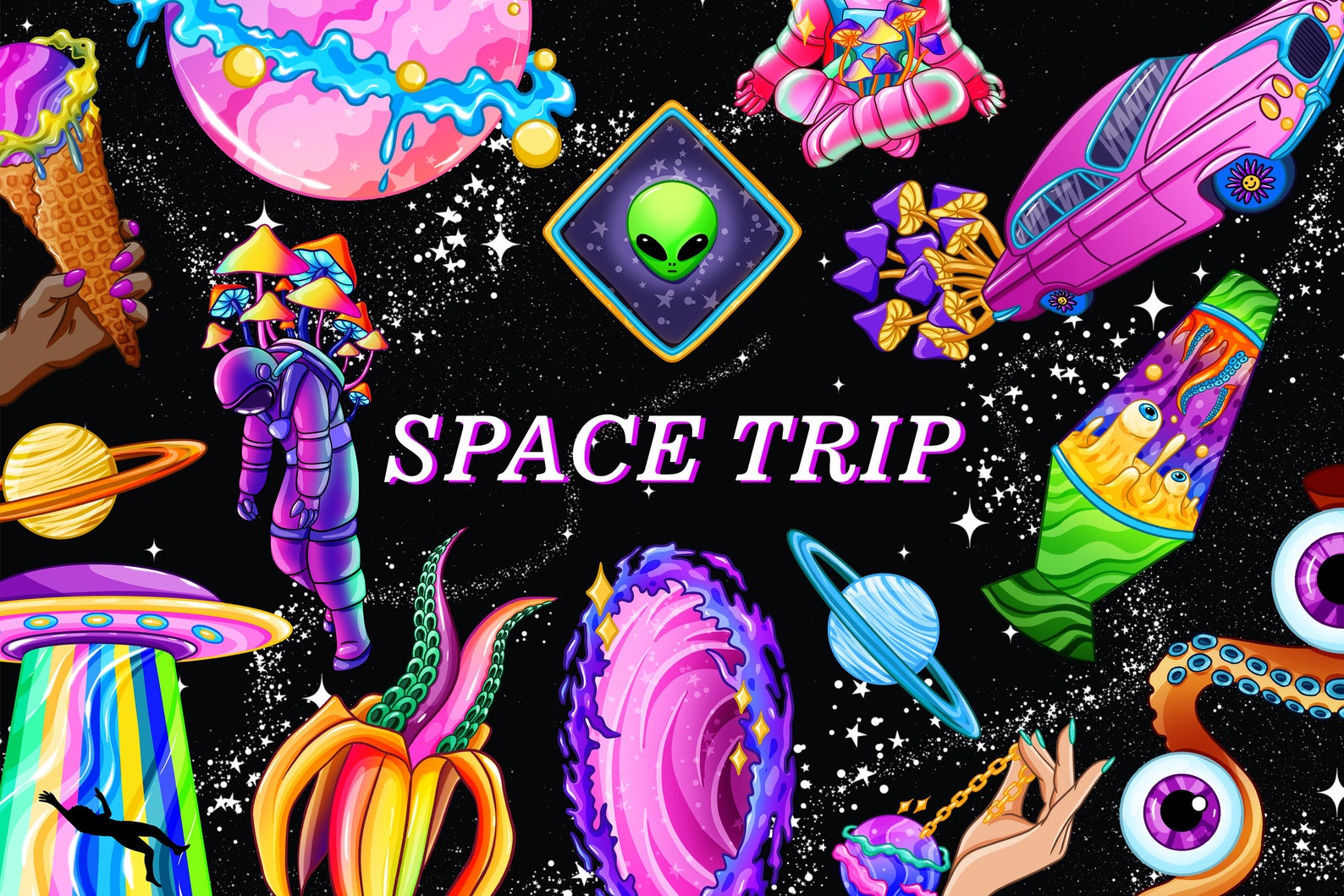 Psychedelic Space Trip Clipart, Cosmic Galaxy, Outer Space PNG, UFO ...