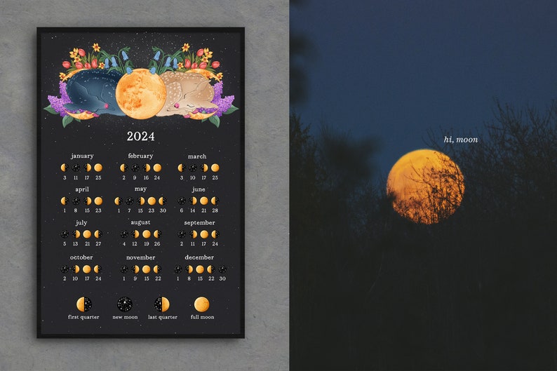 Printable Lunar Calendar 2024, Printable Moon Calendar 2024, Moon ...