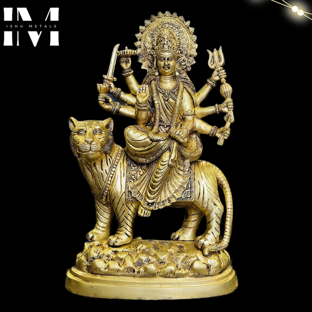 Durga Mata Seated on Tiger Brass Statue, Goddess of Protection ...