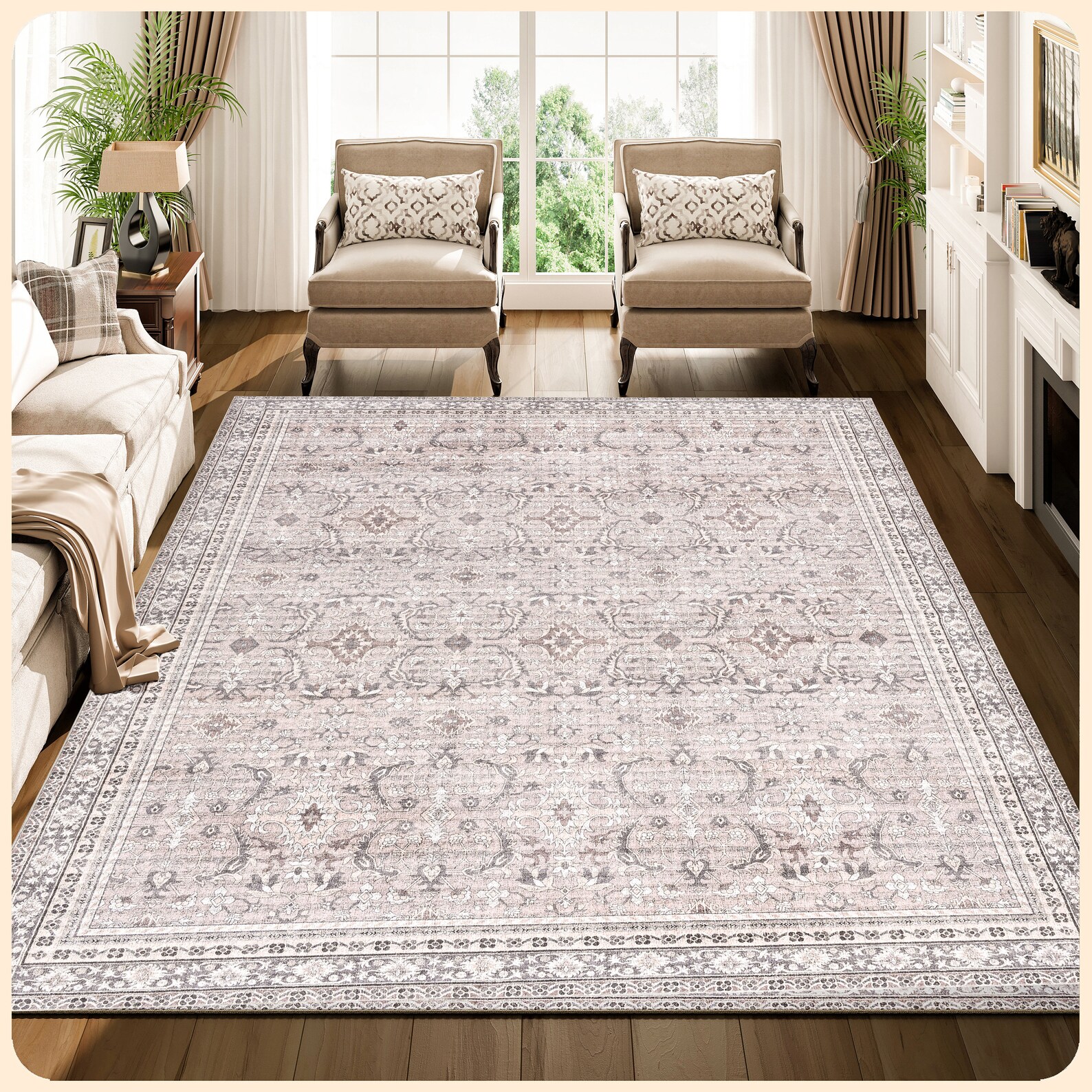 Istana Pale Rose Beige Area Rug Foldable Boho Rugs for Living Room ...