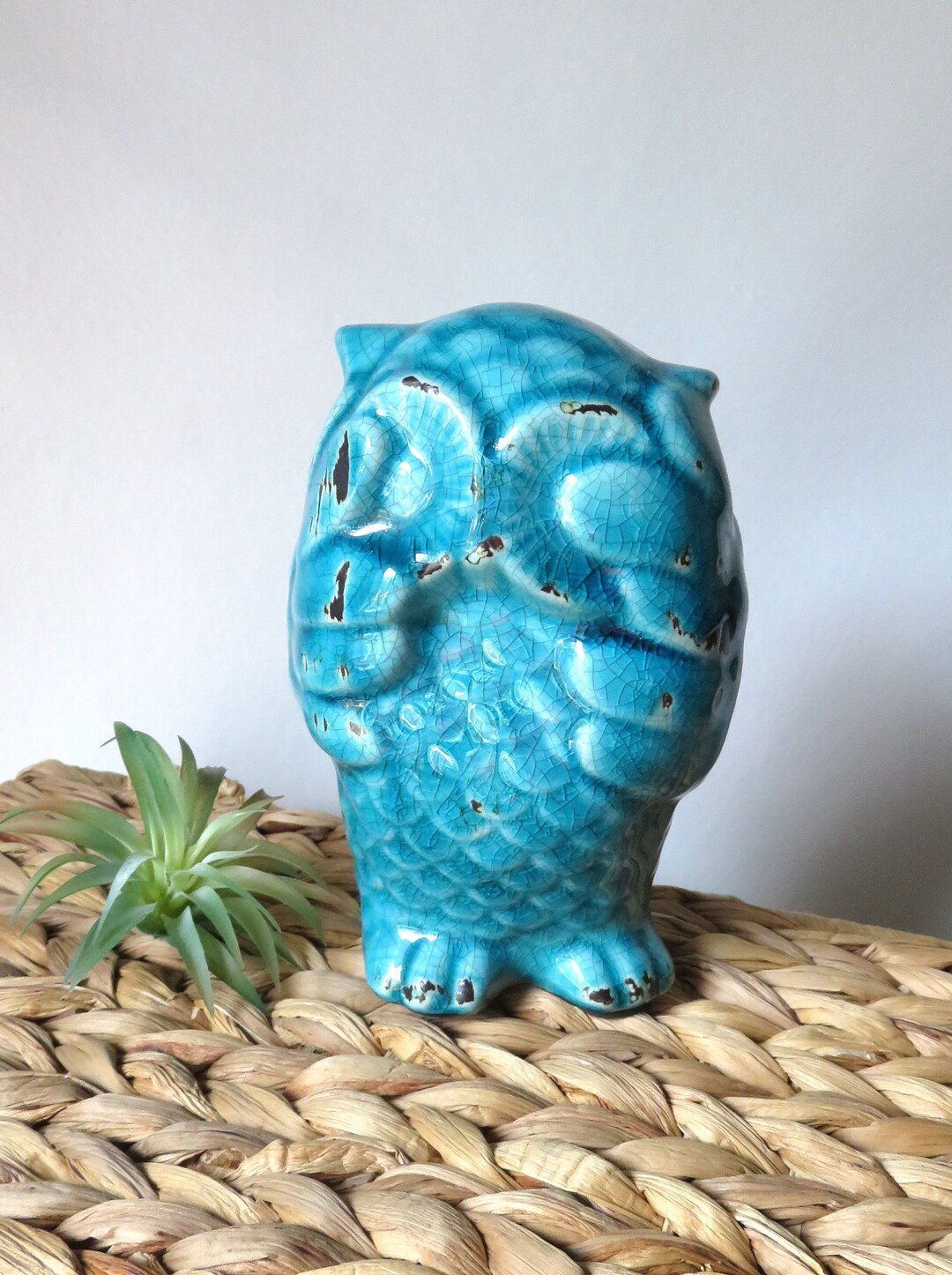 Teal Blue Ceramic Owl Figurine Vintage Antiquing Blue - Etsy