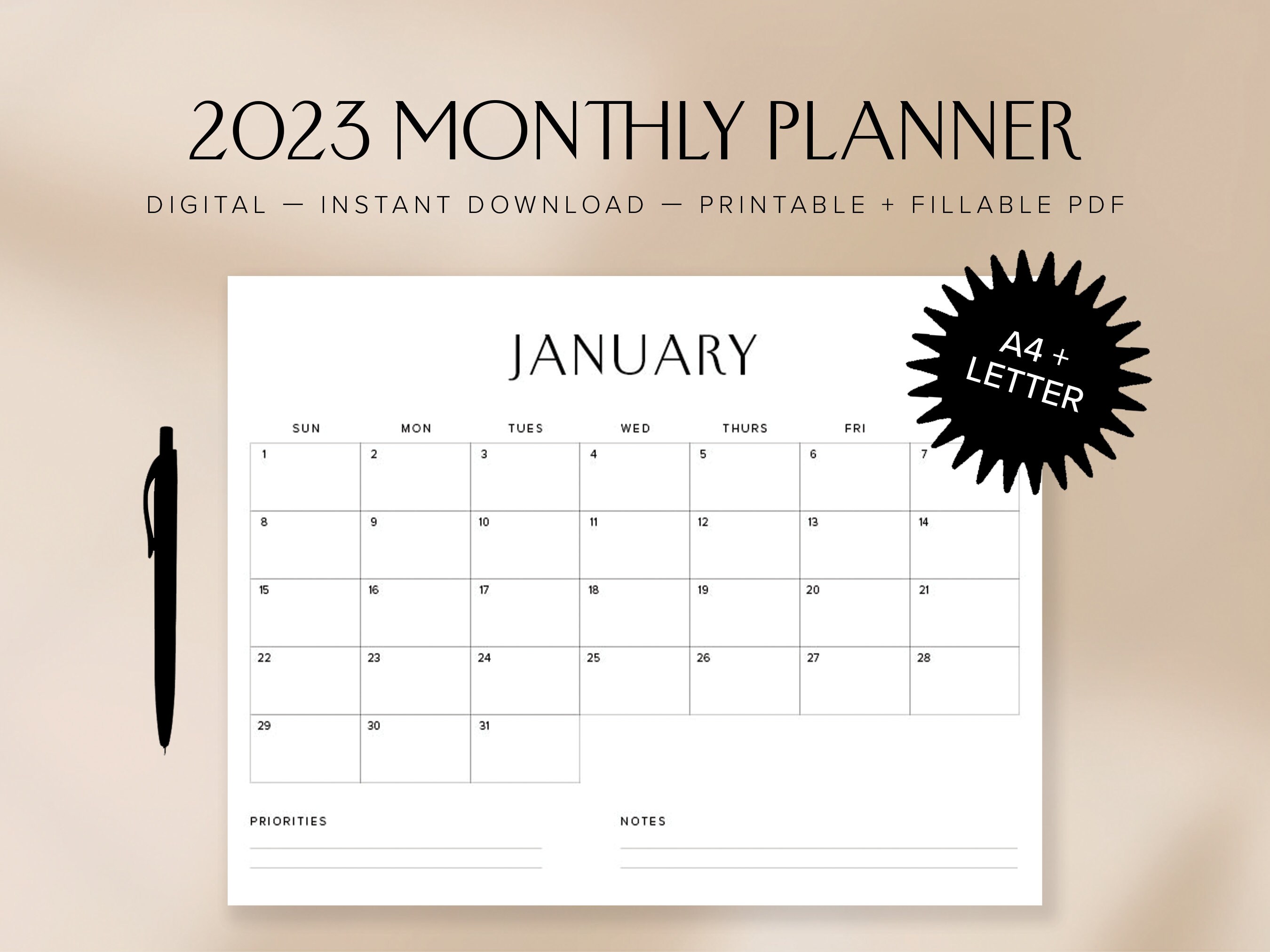 2023 Dated Monthly Planner A4, Letter Instant Download PDF Printable ...