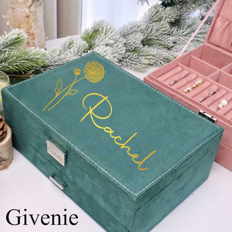 Custom Birth Flower Velvet Jewelry Box, Large Jewelry Storage Organizer ...