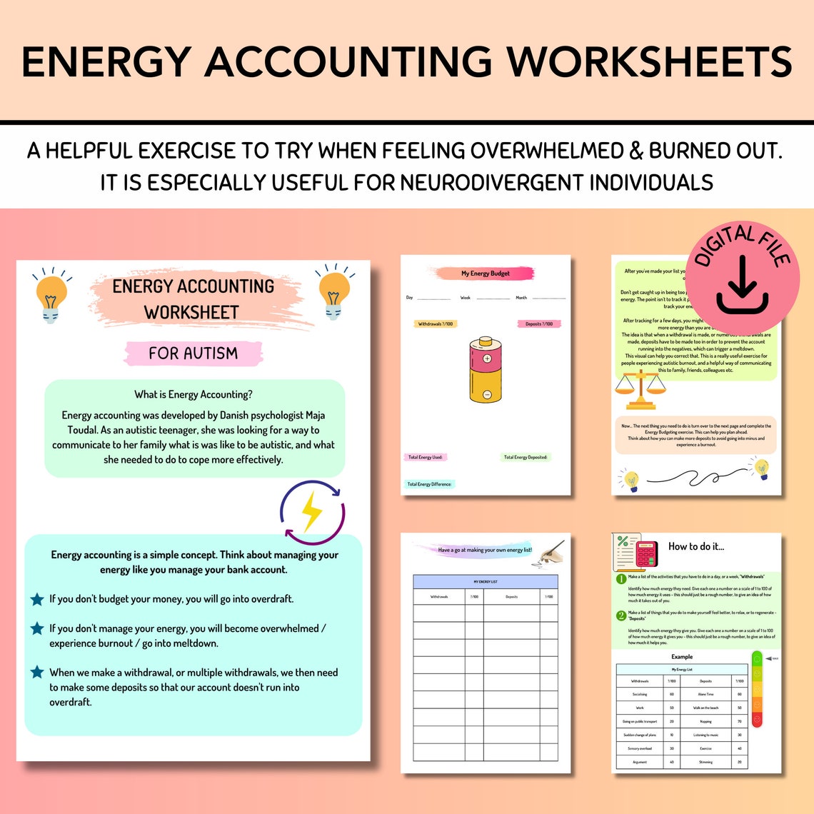 Energy Accounting Worksheet | DBT Skills | CBT | Neurodivergent ...