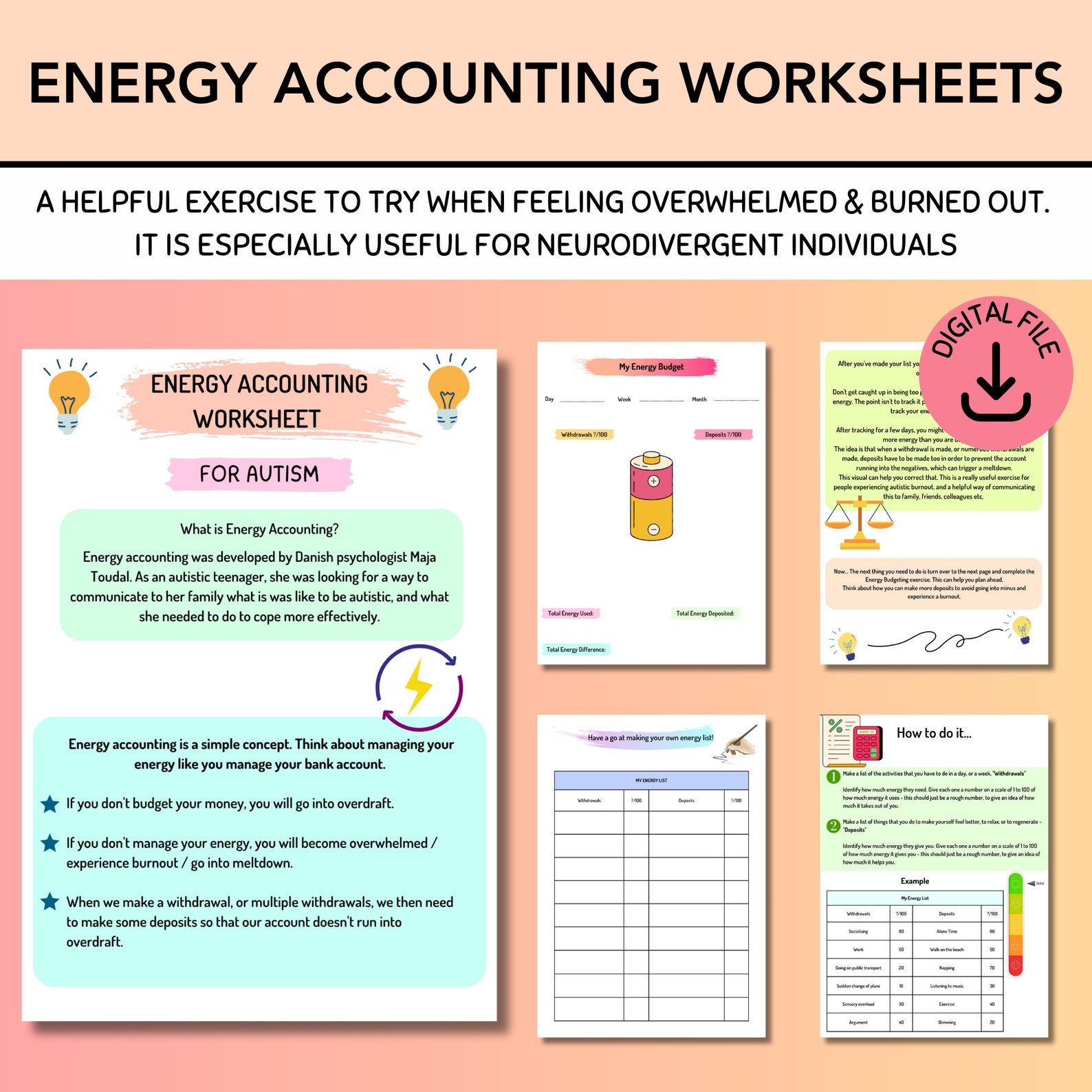 Energy Accounting Worksheet | DBT Skills | CBT | Neurodivergent ...