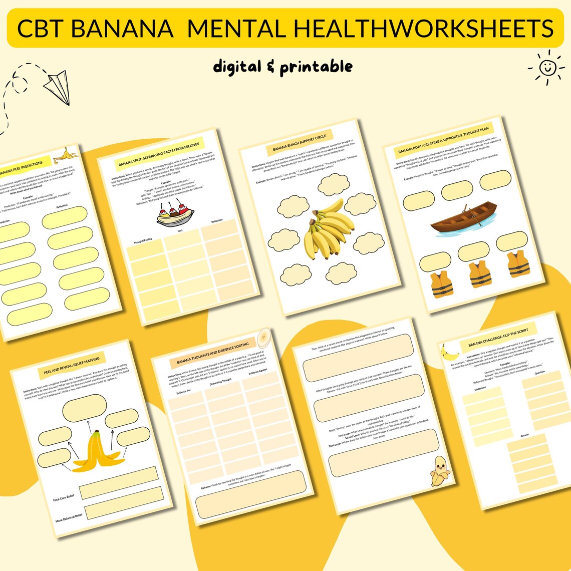 CBT Banana Worksheets, CBT Therapy, CBT Worksheets, Thought Challenging ...
