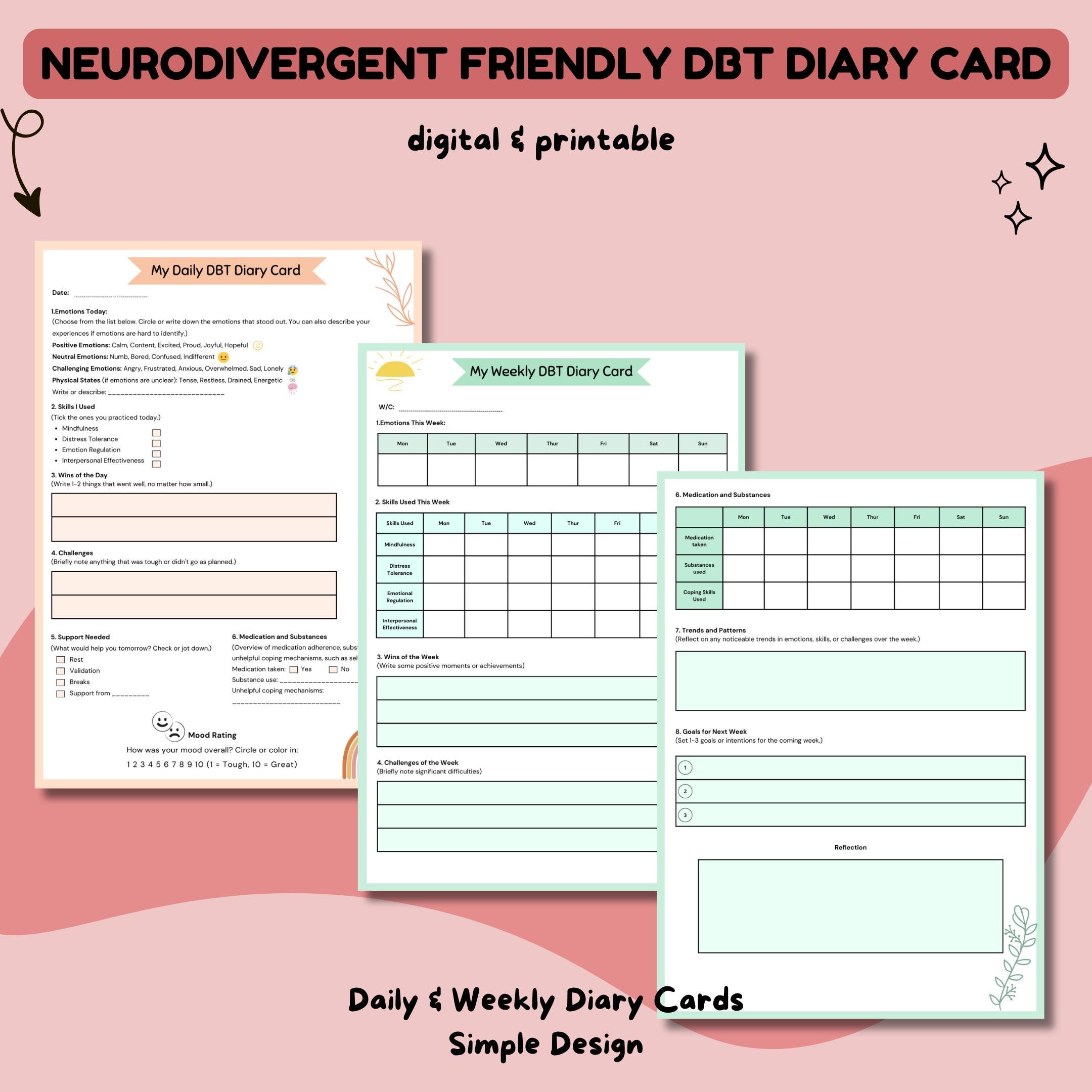 Neurodivergent Friendly DBT Diary Cards, DBT Diary, DBT Skills Tracker ...