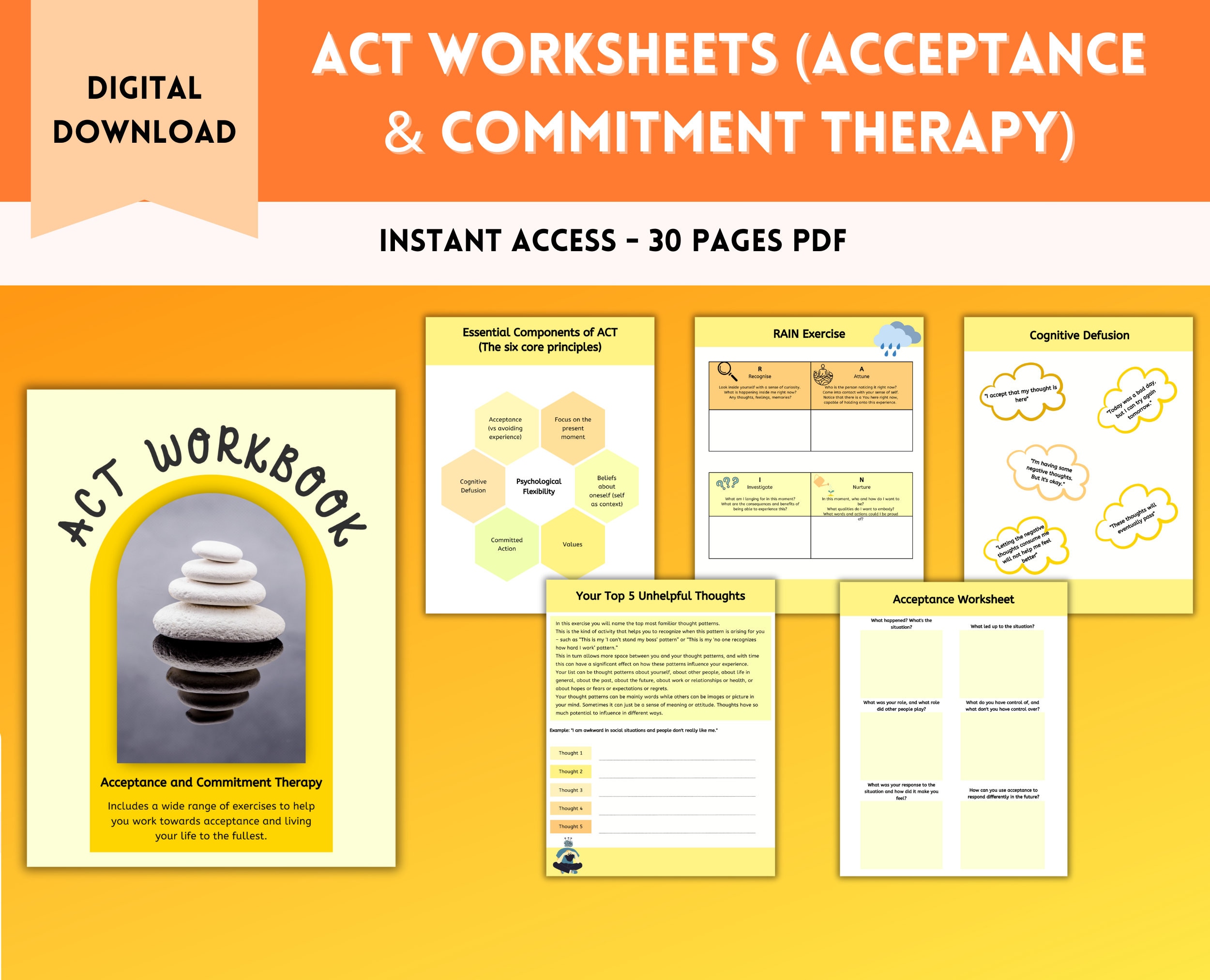 ACT Worksheets | Acceptance & Commitment Therapy | Therapy Worksheet ...