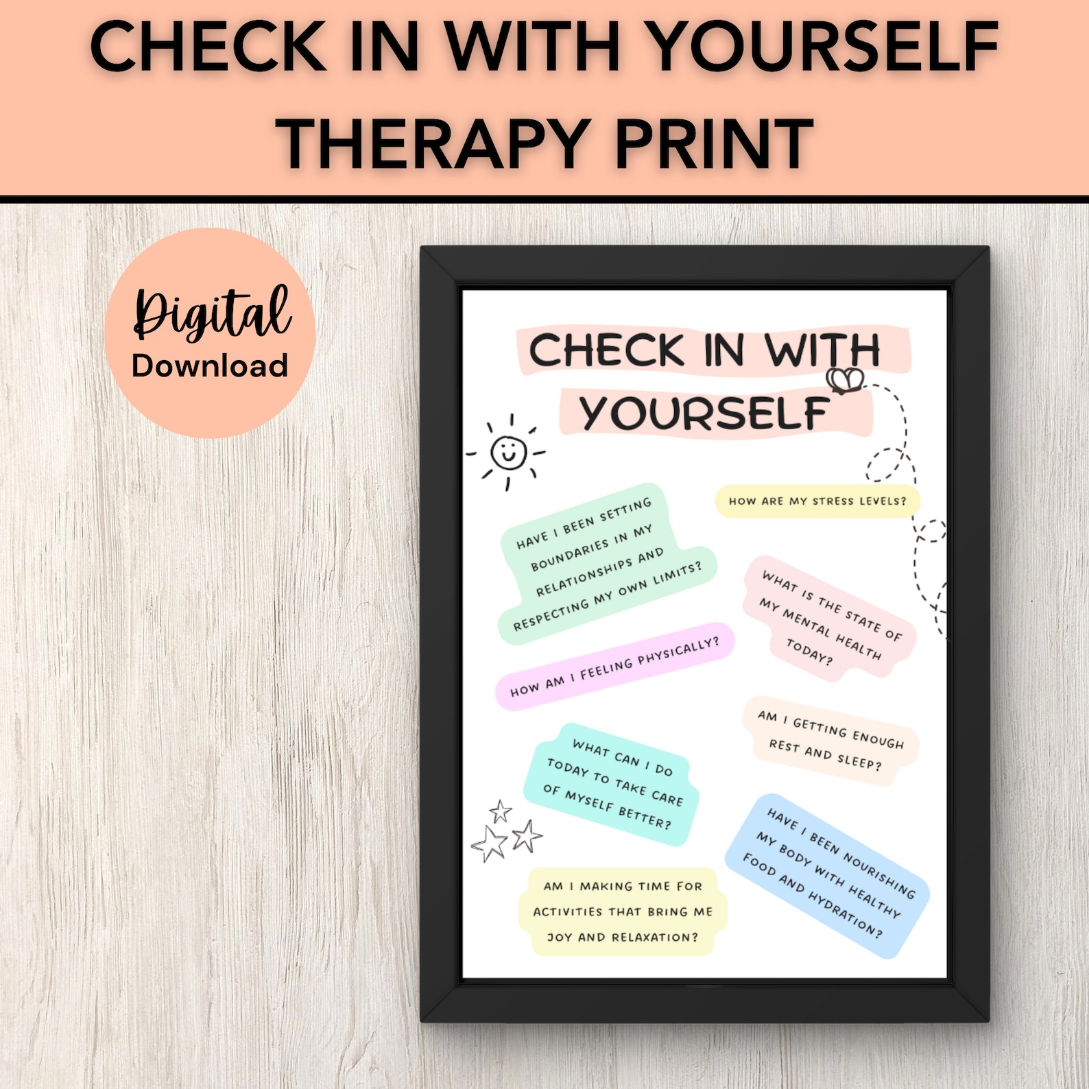 Feelings Check in Print, Mental Health Print, Self Care Poster, Daily ...