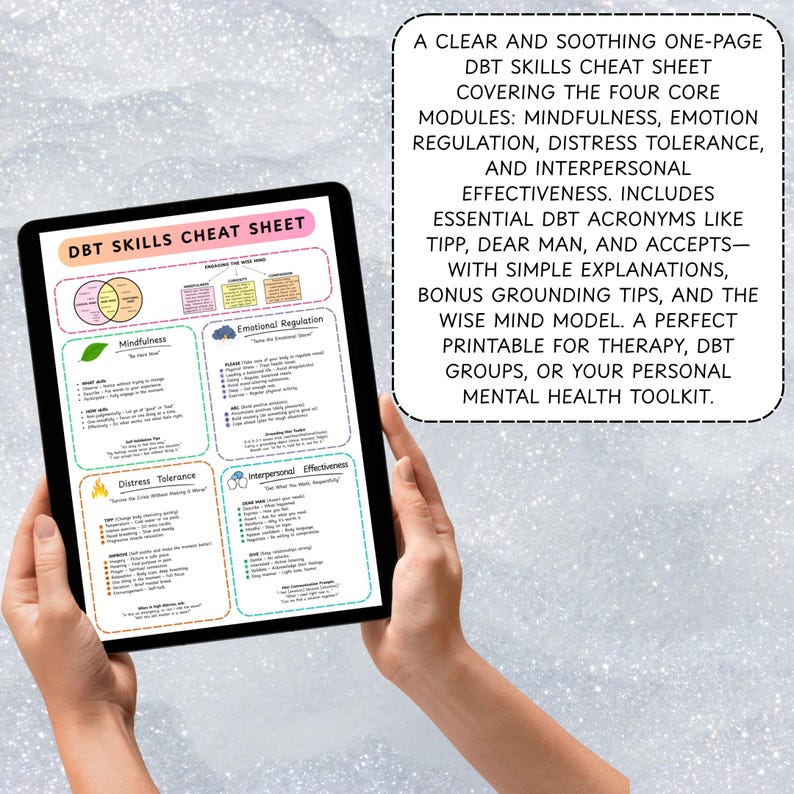 DBT Skills Cheat Sheet: Therapy Worksheet, Emotional Regulation ...