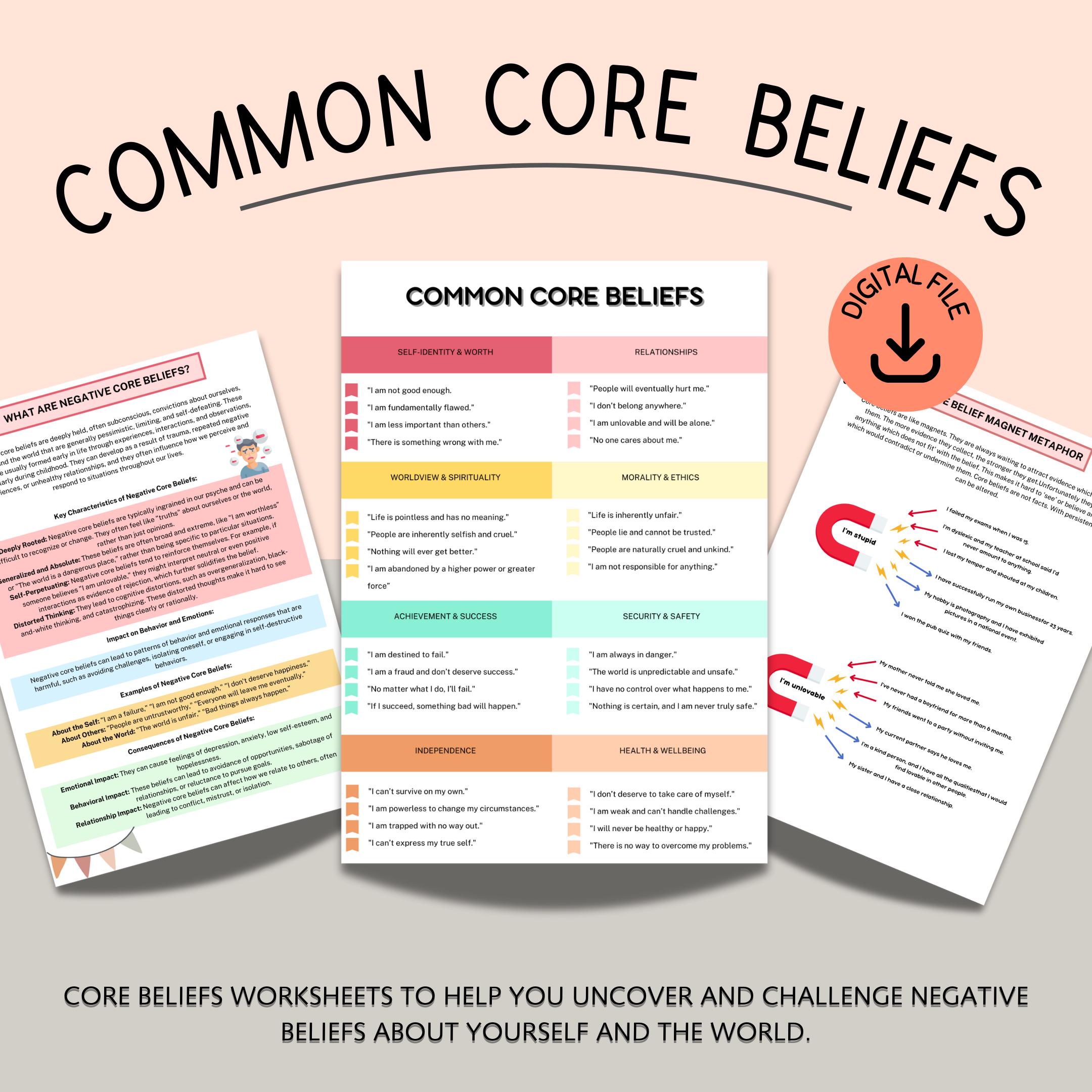 Common Core Beliefs, Core Beliefs Worksheet, Negative Thought ...