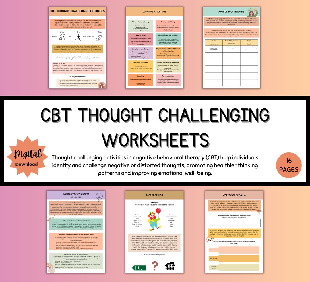 Thought Challenging Worksheets, CBT Coping Skills, Anxiety Relief, CBT ...