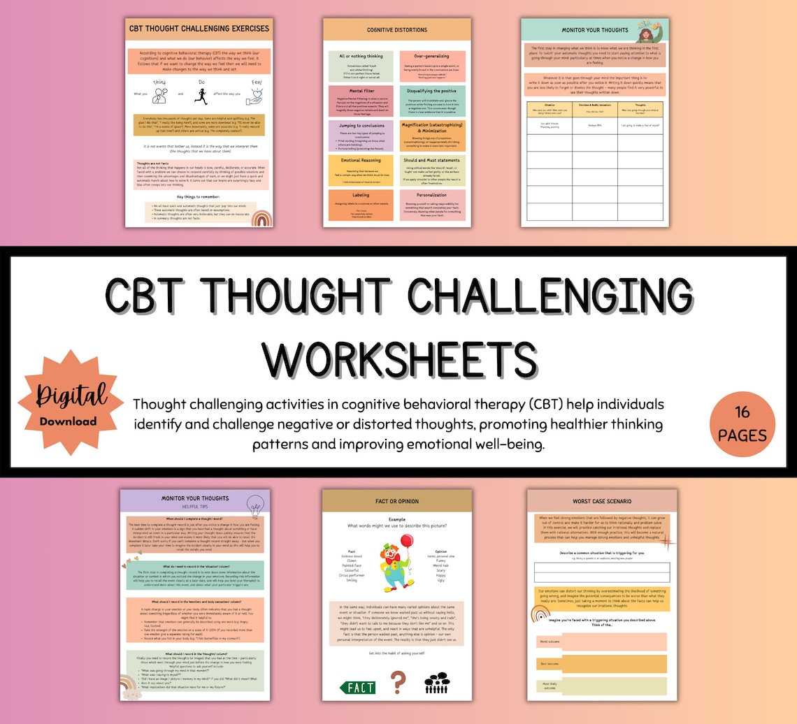 Thought Challenging Worksheets, CBT Coping Skills, Anxiety Relief, CBT ...