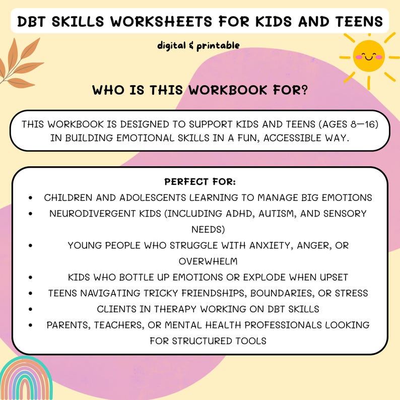 DBT Skills Worksheet for Kids, DBT for Children, Emotional Regulation ...