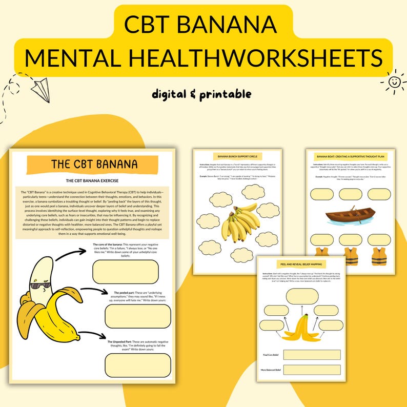 CBT Banana Worksheets, CBT Therapy, CBT Worksheets, Thought Challenging ...