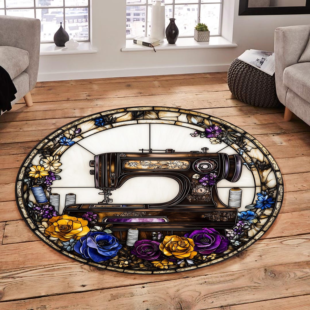 Sewing Machine Rug, Stained Glass Rug, Sewing Machine Round Rug, Sewing ...