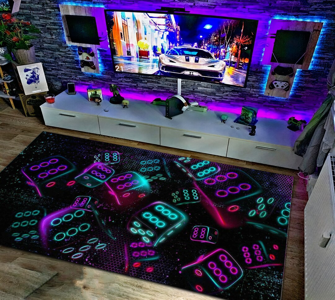 Neon Rug, Game Dice Rug, Gamer Rug, Gaming Room Rug, Gambling Theme ...