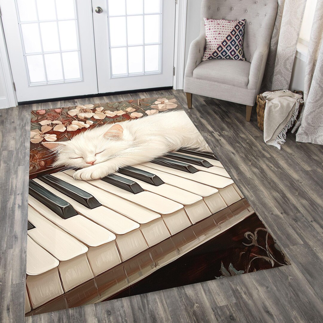 Piano Rug, Piano and Cat Rug, Piano Decor Rug, Cat Design Rug, Cat ...