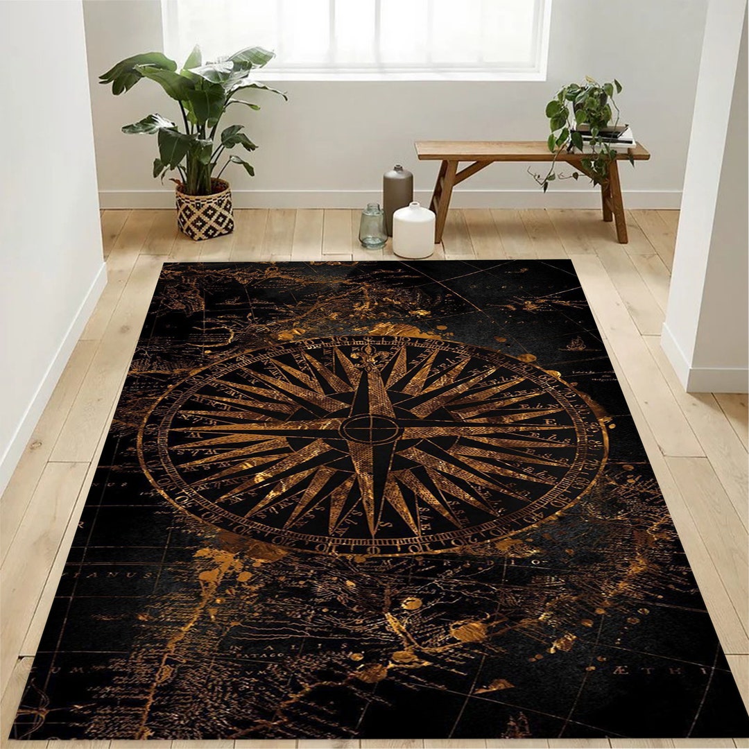 Compass Rose Area Rug: World Map Design, Non-slip Medallion Rug - Etsy