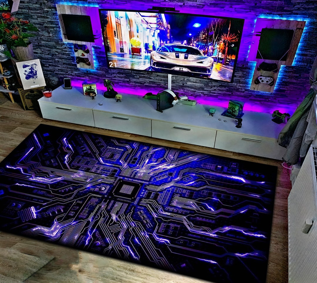 Neon Processor Rug: Blue & Black Gamer Room Decor - Etsy