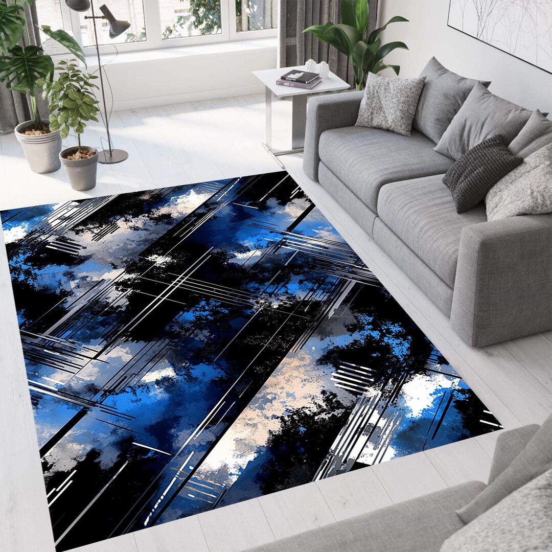 Abstract Rug, Abstract Area Rug, Black and Blue Rug, Modern Design Rug ...
