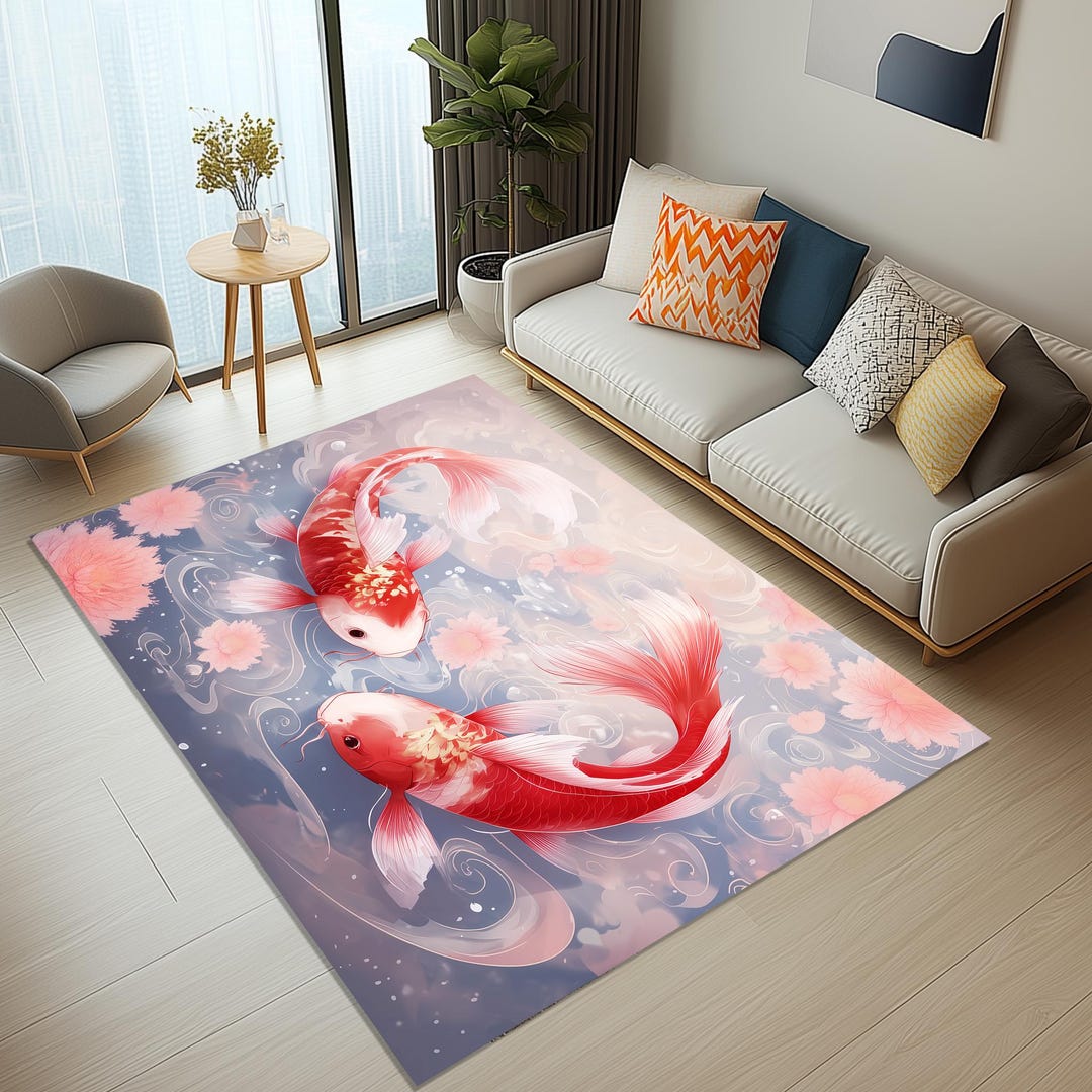 Cherry Blossom and Koi Fish Rug, Koi Fish Area Rug, Japanese Area Rug ...