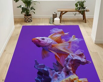 Aquarium Rug, Oil Painting Fish Rug, Fish Rug, Hobby Room Rug, Colorful ...